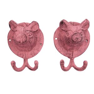 wowser rustic pig head cast iron wall hooks, animal themed wall décor, rustic farmhouse decoration, set of 2, 5.5 inches (brown)