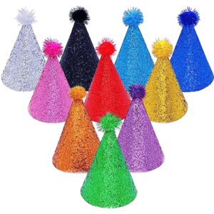 pai sence glitter pom-pom party hats - 10 pcs large adjustable cone hats for kids & adults, reusable birthday supplies & decorations