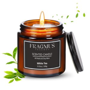 fragmus candles for home scented, white tea refreshing scents, natural soy wax candle jar, stress relief candles gifts for women (3.5 oz)