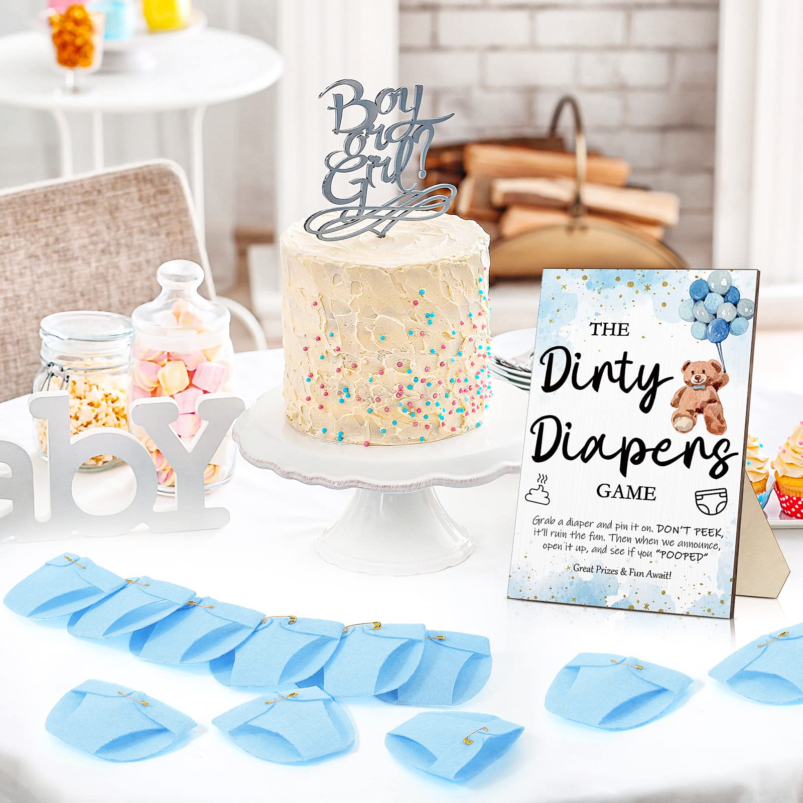 Roowest 51 Pcs Dirty Diaper Baby Shower Games Funny Wooden Dirty Diaper Game Sign with 50 Pcs Mini Diapers Cute Felt Diaper for Gender Reveal Party Baby Shower Game(Bear Blue)