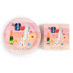 fabuplates 48 pc paper plates & napkins party set - classic wedding bride & groom heavyweight disposable tableware - cake, reception, bridal, engagement shower plates - serves 24 guests