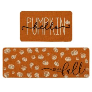 artoid mode orange hello pumpkin fall kitchen mats set of 2, autumn home decor low-profile kitchen rugs for floor - 17x29 and 17x47 inch