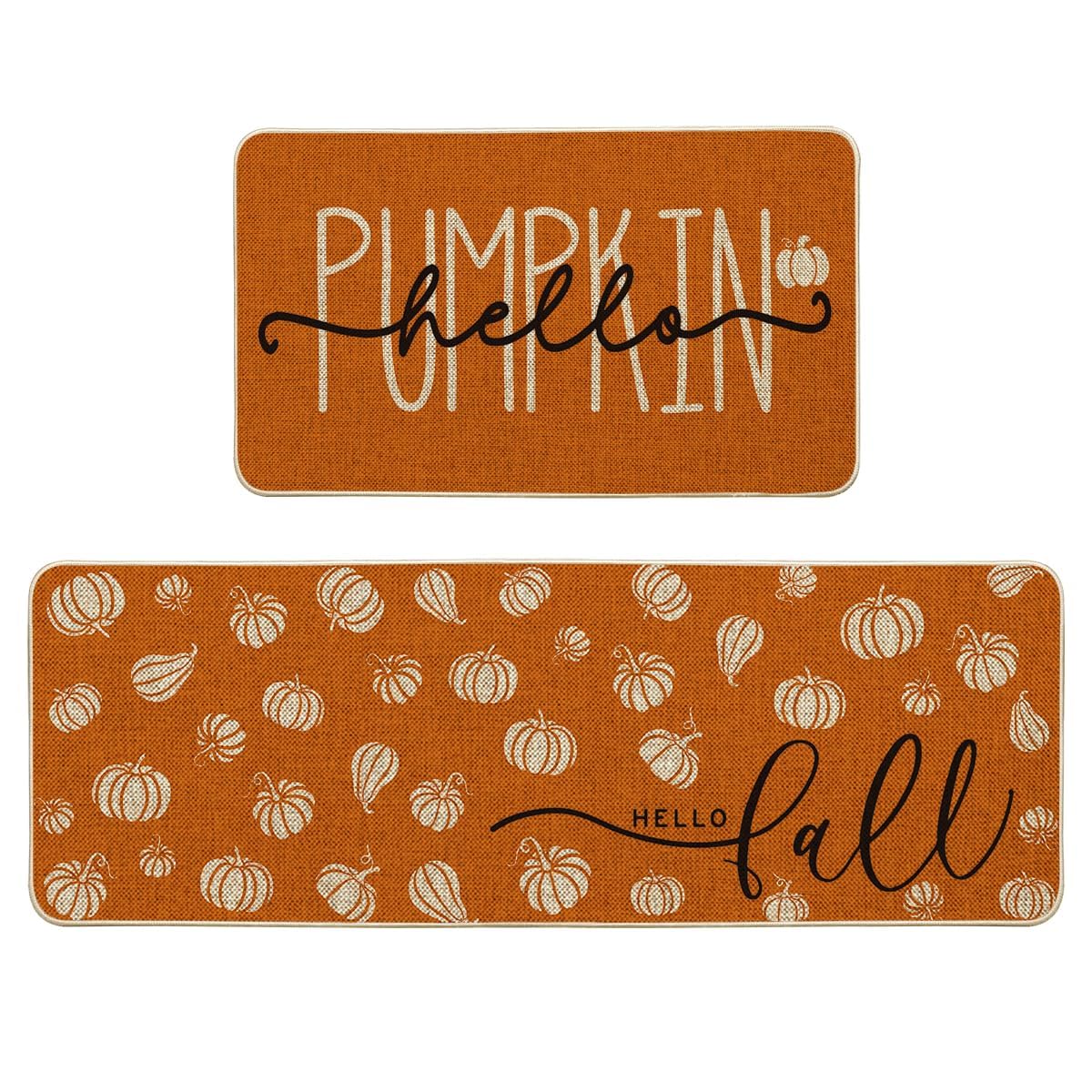 Artoid Mode Orange Hello Pumpkin Fall Kitchen Mats Set of 2, Autumn Home Decor Low-Profile Kitchen Rugs for Floor - 17x29 and 17x47 Inch