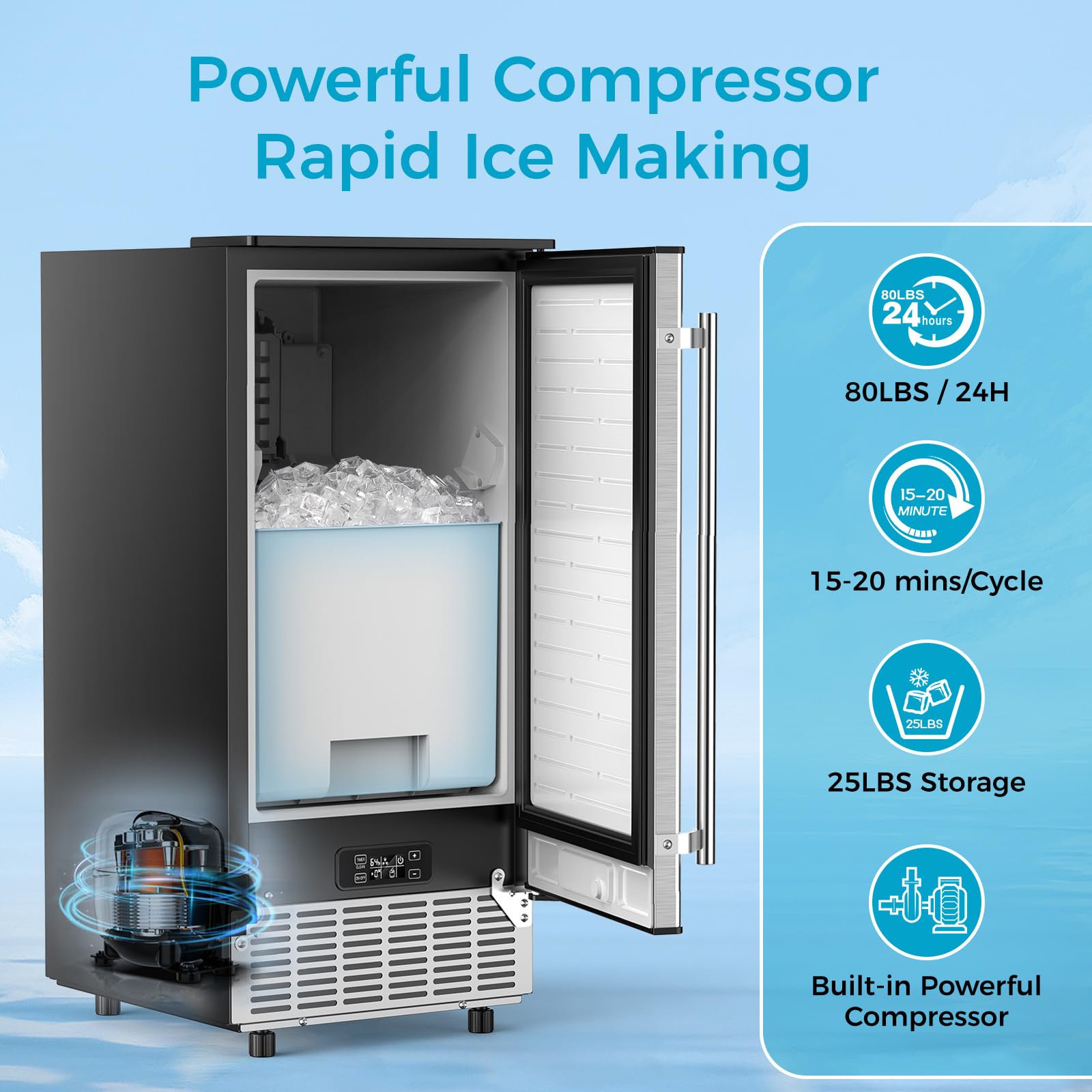 COWSAR Commercial Cube Ice Maker, Freestanding Ice Machine, 80lbs/24H, 40 Ice Cubes/Cycle, Reversible Door, 24H Timer & Self-Cleaning, Under Counter Ice Cube Machine for Bar/Cafe/Home