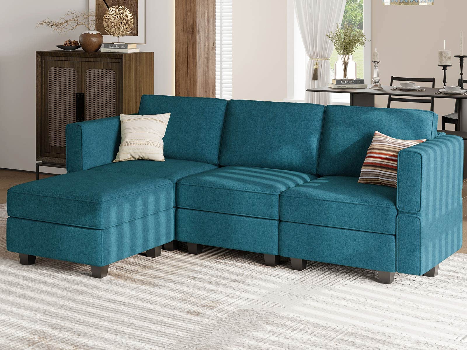 Belffin Small Sectional Sofa Modular L Shaped Couch 3 Seater Sectional Couch Convertible Chaise Ottoman with Storage Peacock Blue