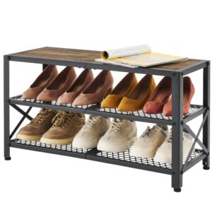 hoctieon shoe rack, 3-tier shoe organizer, 28in small wooden shoe bench for front door, shoe storage with mesh shelves for entryway living room hallway closet, rustic brown (3-tier)