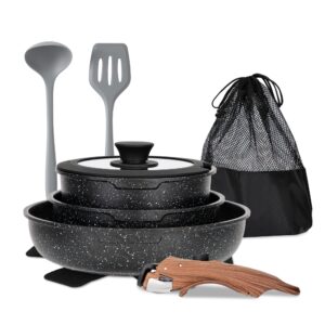 maison arts detachable handle pots and pans set, 10 piece nonstick induction cookware sets with removable handle, black granite cooking set, ideal for camping and rvs