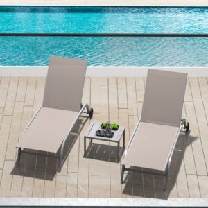 domi chaise lounge outdoor set of 3, lounge chairs for outside with wheels, outdoor lounge chairs with 5 adjustable position, pool lounge chairs for patio, beach, yard, deck, poolside, khaki