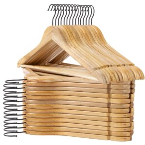 js home wooden hangers 30 pack, strong wood suit hangers with extra smooth finish, precisely cut notches and 360 degree black swivel hook, solid wooden clothes hangers for shirt coat jacket dress