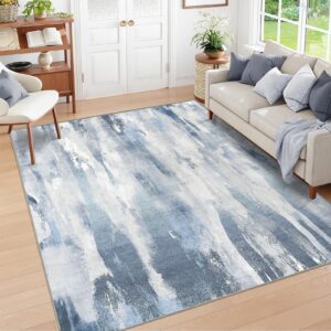 ingeroom washable area rug - area rugs 5x7 abstract soft machine washable rug with non-slip backing for living room, bedroom, dining room (gray and blue, 5'x7' feet)