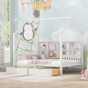 merax wood full house daybed with drawers and storage shelf,day bed for kids boys girls no box spring needed white