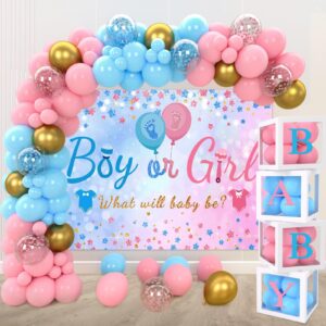 gender reveal baby balloon boxes decorations, pink blue balloon arch garland kits with 4pcs baby boxes, gender reveal backdrop for baby shower,boy or girl gender reveal party supplies(141pcs)