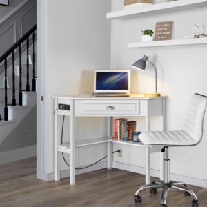 Yaheetech L Shaped Corner Computer Desk with Power Outlets, Reversible Triangle Workstation with USB Ports and Hook for Small Space, Modern Home Office Desk Gaming Table with Drawer & Shelf, White