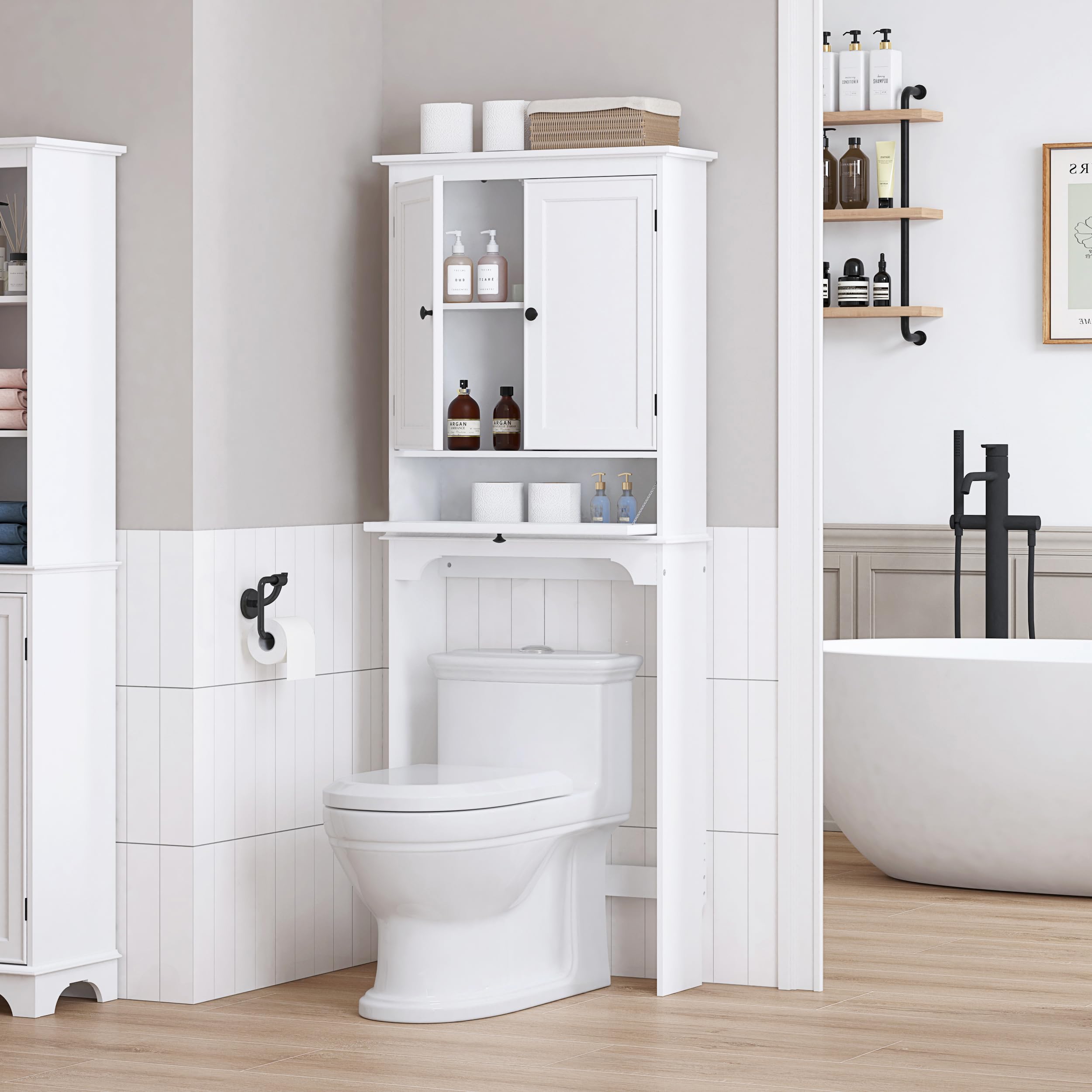 Spirich Over The Toilet Storage Cabinet, Bathroom Above Toilet Storage Cabinet with Doors and Adjustable Shelves, White