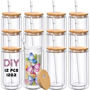 didaey 12 pcs sublimation blanks glass with bamboo lid plastic straw double wall sublimation glasses tumbler cups drinking can jars for juice beer soda iced coffee snow globe diy gift (wood,12oz)