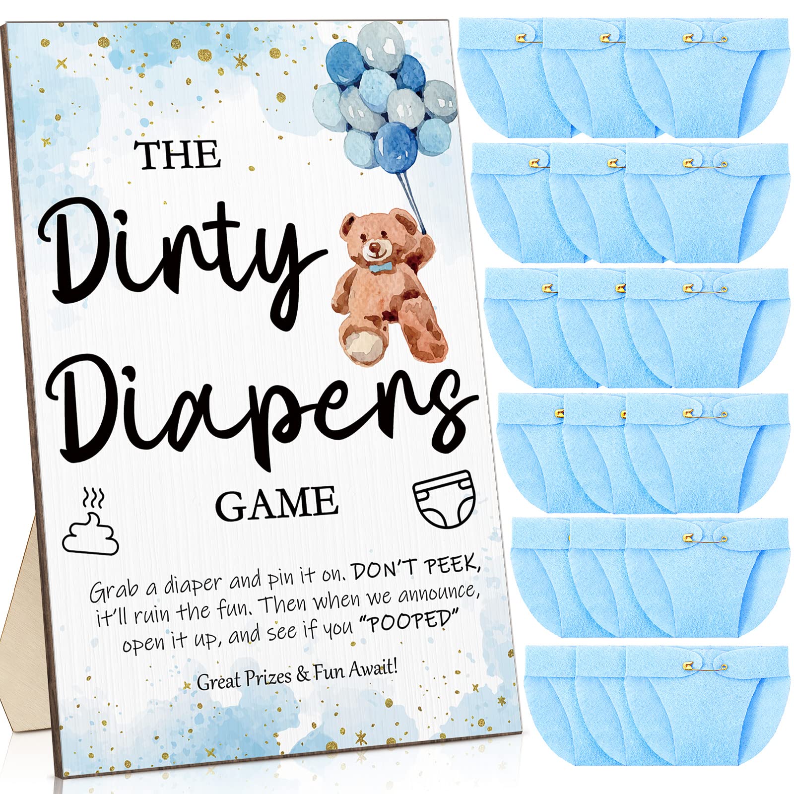 Roowest 51 Pcs Dirty Diaper Baby Shower Games Funny Wooden Dirty Diaper Game Sign with 50 Pcs Mini Diapers Cute Felt Diaper for Gender Reveal Party Baby Shower Game(Bear Blue)