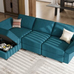 Belffin Small Sectional Sofa Modular L Shaped Couch 3 Seater Sectional Couch Convertible Chaise Ottoman with Storage Peacock Blue