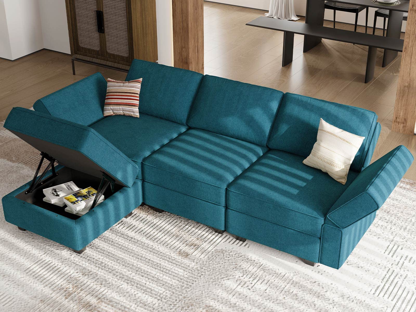 Belffin Small Sectional Sofa Modular L Shaped Couch 3 Seater Sectional Couch Convertible Chaise Ottoman with Storage Peacock Blue