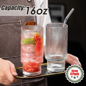 wookgreat Drinking Glasses, 16oz Origami Style Glass Cups with straw, 4 pcs Highball Glasses, Elegant Ripple Vintage Glassware, Ribbed Glasses, Iced Coffee Glasses Ideal for Cocktail Whiskey, Juice