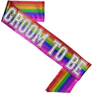 gay groom bachelor party supplies - silver sparkle sporty groom to be premium grade rainbow satin sash - lqbtq+ pride month decorations - rainbow sash (grm) rbw