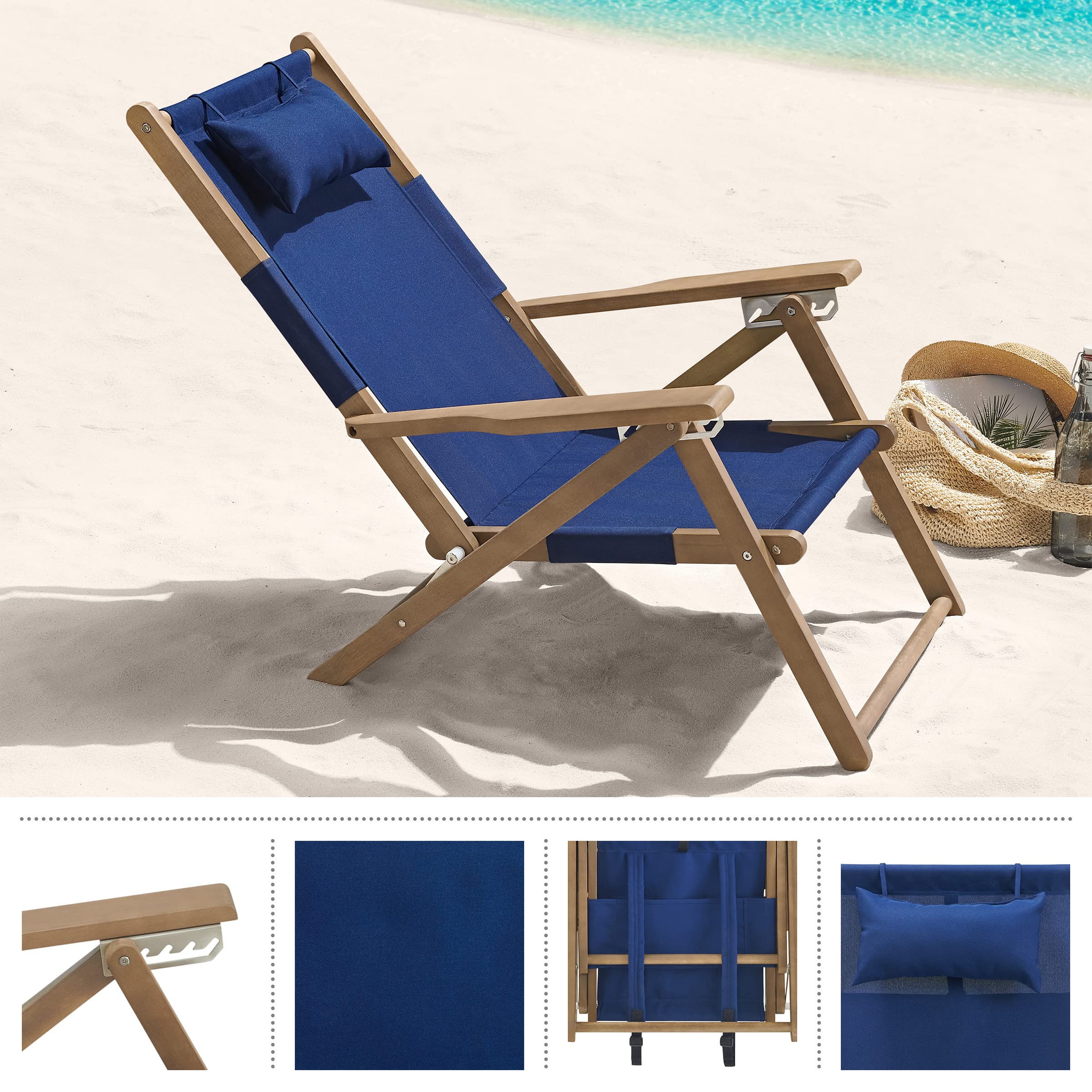 Lavish Home Beach Chair - Outdoor Weather-Resistant Wood Folding Chair with Backpack Straps - 4-Position Reclining Seat - Beach Essentials (Blue)