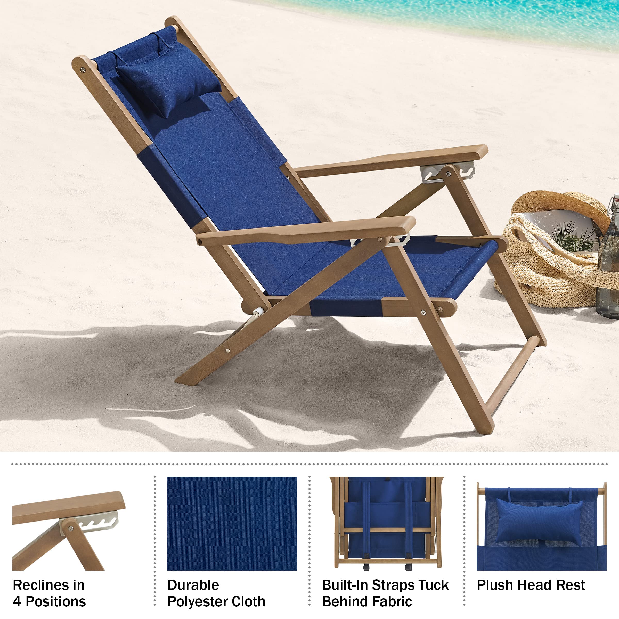 Lavish Home Beach Chair - Outdoor Weather-Resistant Wood Folding Chair with Backpack Straps - 4-Position Reclining Seat - Beach Essentials (Blue)