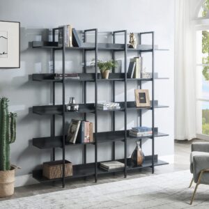 harper & bright designs 5 tier bookcase home office open bookshelf, vintage industrial style shelf, mdf board, white metal frame, oak