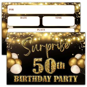 ystep 50th birthday party invitations, 20 black gold invite cards with envelopes, 4"x6" foil balloon birthday invites - b09