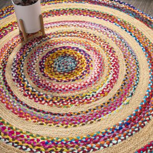 eyely fnr105a-6r ansa collection isla round boho braided rag & jute indoor area rug geometric, bohemian, casual, bedroom, kitchen, living room, easy-cleaning, non-shedding, multi/natural, 6' round