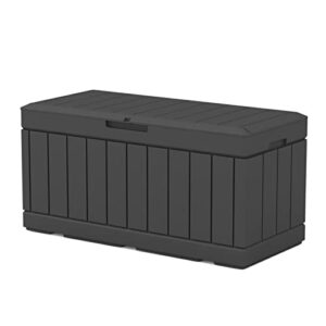 82 gal. outdoor storage resin wood look deck box with lockable lid for patio furniture black plastic