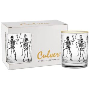 culver 22k gold rim dancing skeletons dof double old-fashioned glasses, 13.5-ounce, gift boxed set of 2