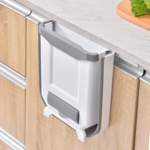 Hanging Kitchen Trash Can 2.4 Gallon White Plastic Collapsible Bin Wall Mounted for Cabinet Door, Perfect for Organizing Small Spaces in Your Home - Hang in Kitchen, Car, Bedroom, or Bathroom!