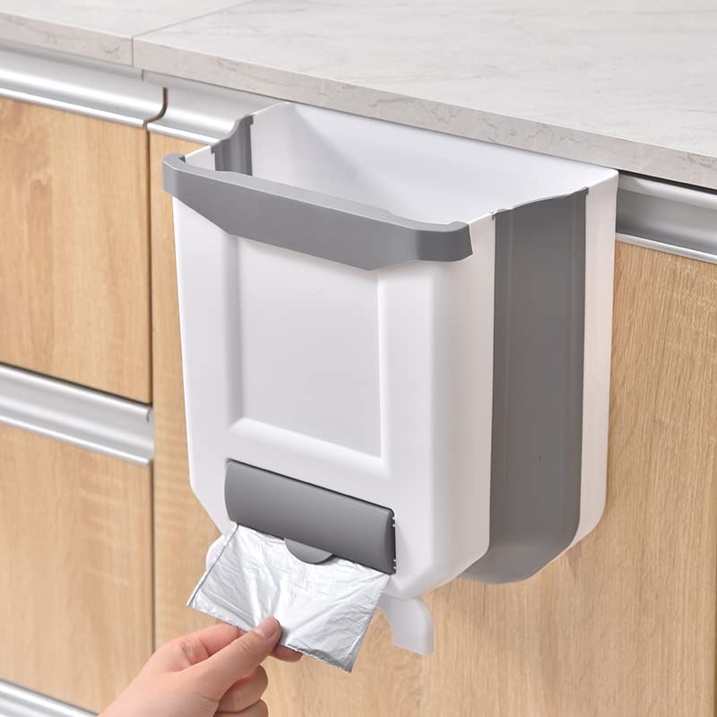 Hanging Kitchen Trash Can 2.4 Gallon White Plastic Collapsible Bin Wall Mounted for Cabinet Door, Perfect for Organizing Small Spaces in Your Home - Hang in Kitchen, Car, Bedroom, or Bathroom!