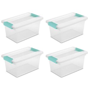 4-pack medium clip box, stackable small storage bin with latching lid, plastic container to organize office, crafts, clear base and lid