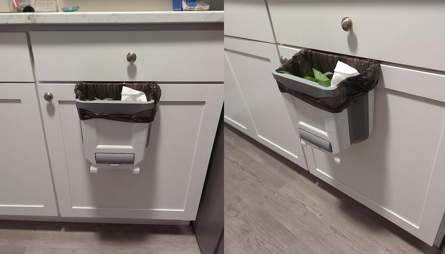 Hanging Kitchen Trash Can 2.4 Gallon White Plastic Collapsible Bin Wall Mounted for Cabinet Door, Perfect for Organizing Small Spaces in Your Home - Hang in Kitchen, Car, Bedroom, or Bathroom!