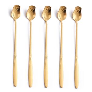 10 pack rose flower stirring spoons - 6.8 inch stainless steel coffee, tea, milkshake, cocktail, bar spoons - gold