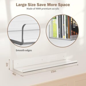 Set of 8, Acrylic Shelves for Bathroom Organizer, 15" Adhesive Clear Floating Shelves for Wall Storage, No Drill Book Wall Shelves