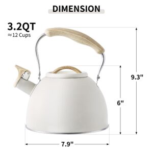 LONFFERY Tea Kettle, 3.2 Quart Whistling Tea Kettle, Tea Kettle for Stove Top, Food Grade Stainless Steel Tea Pot with Wood Pattern Folding Handle - Creamy White