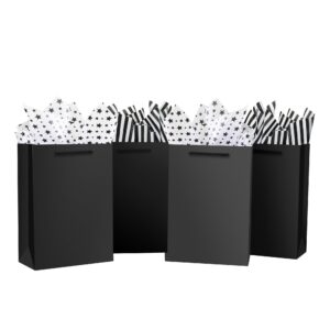 officecastle 4 pack black gift bags with tissue paper, medium to large gift bags for men, 8x4x11in/20x10x28 cm, black paper bags with handles