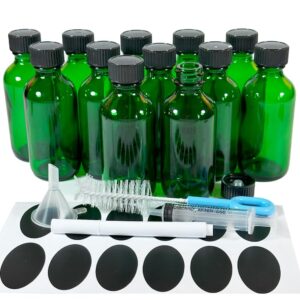 bioll 60ml (2 oz) boston glass bottles. essential oil bottle with black poly cone lids. for potion,juice,ginger shots,oils, whiskey,perfume,aromatherapy,lab refillable sample vials -12 pack (green)