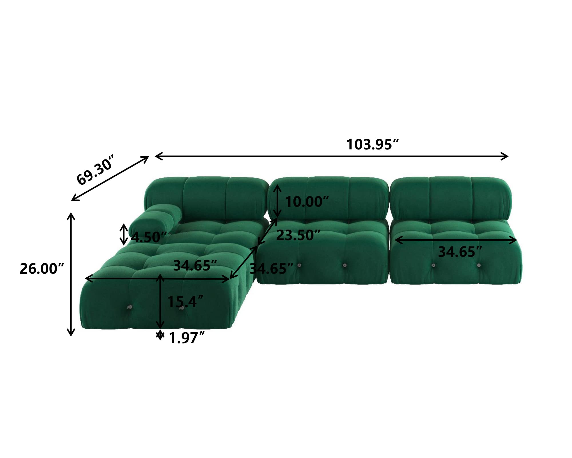 BOKIFOL Sectional Sofa, Modular Sectional Couch with Ottomans- L Shaped Couch for Living Room, 4 Seater Sofa Sets,104"(Green)