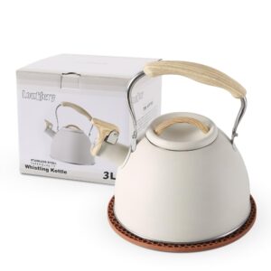 lonffery tea kettle, 3.2 quart whistling tea kettle, tea kettle for stove top, food grade stainless steel tea pot with wood pattern folding handle - creamy white