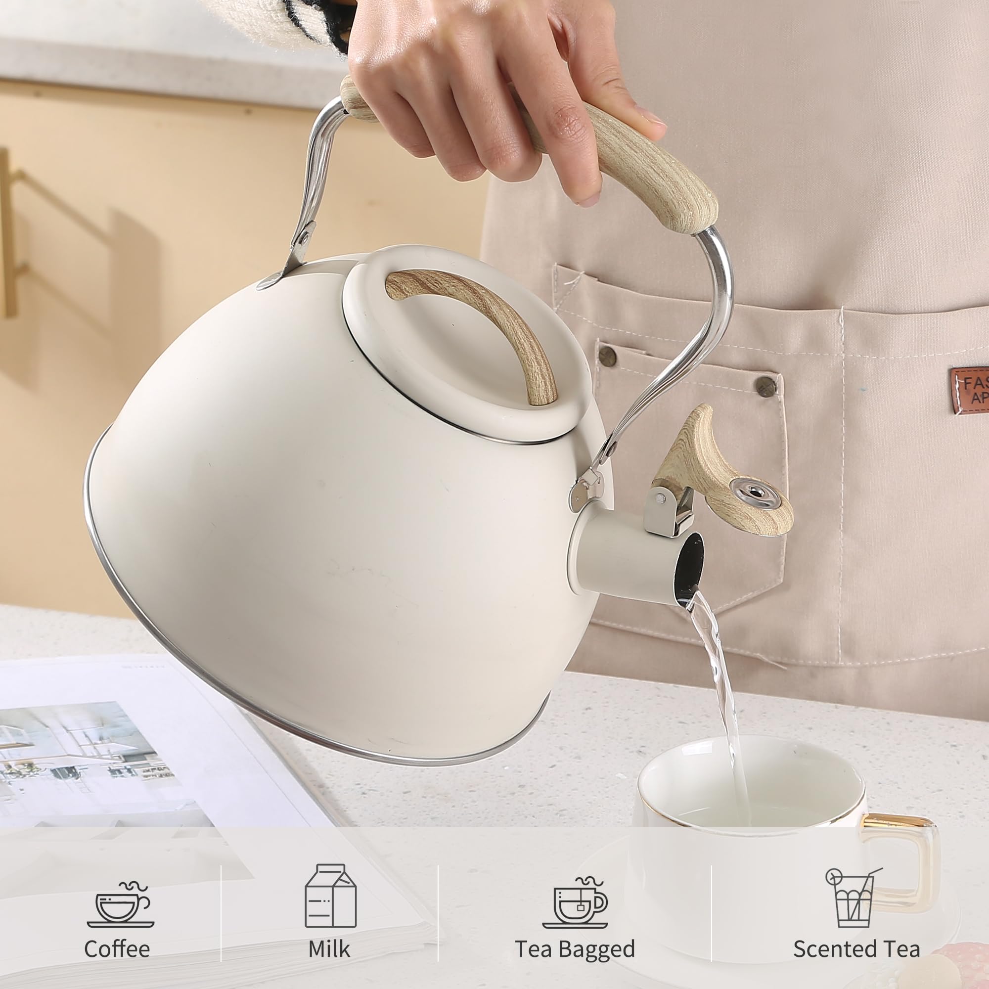 LONFFERY Tea Kettle, 3.2 Quart Whistling Tea Kettle, Tea Kettle for Stove Top, Food Grade Stainless Steel Tea Pot with Wood Pattern Folding Handle - Creamy White