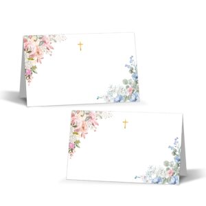 floral baptism place cards, table place card for first holy communion religious party/christening naming ceremony, pink and blue tent name place cards for table setting, 25 pack(a01)