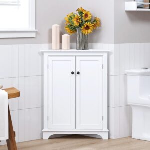 spirich floor corner cabinet with doors and shelves, freestanding bathroom corner storage cabinet for bathroom, living room, white