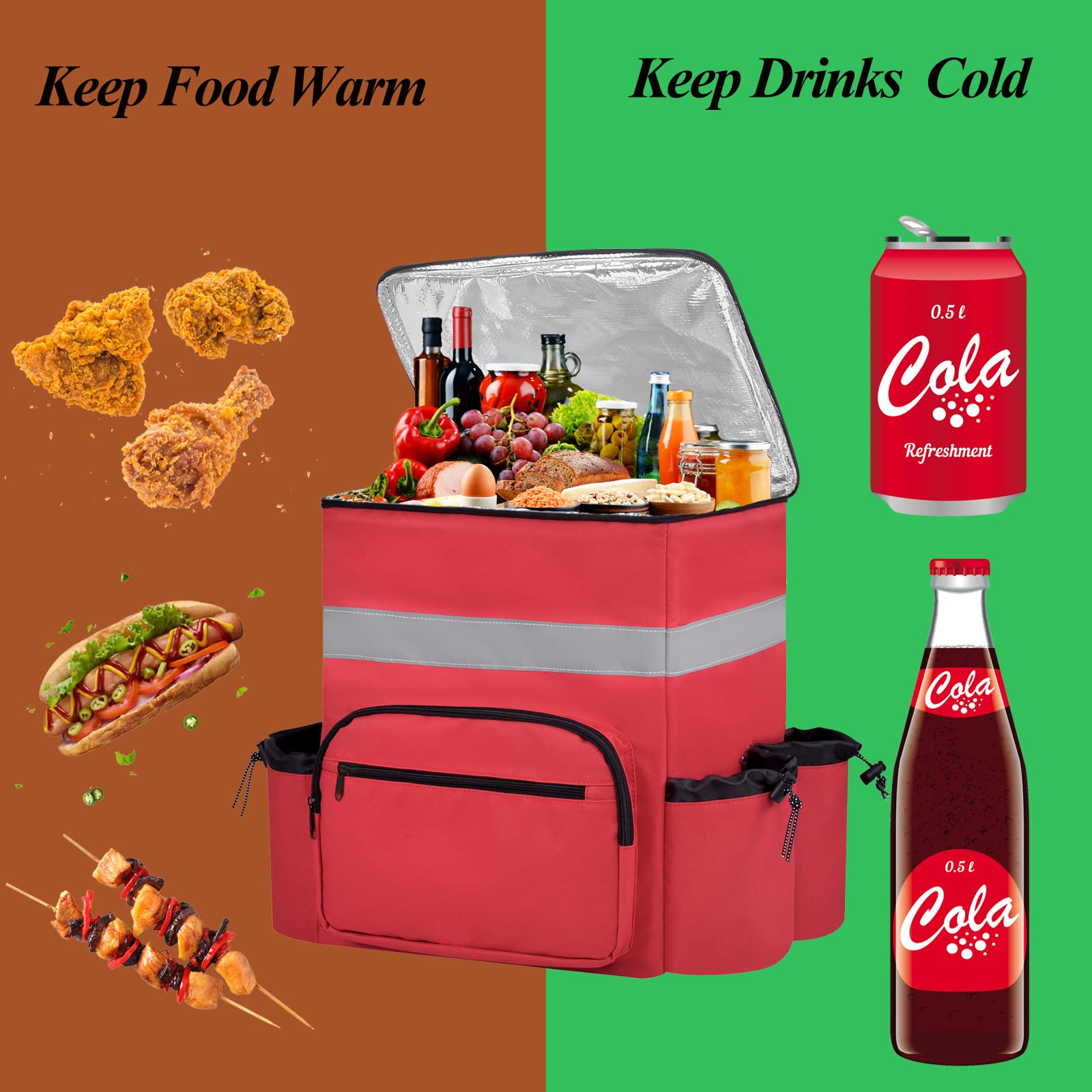 ZFZGFRCS Food Delivery Backpack Pizza Delivery Bag Insulated Delivery Bag with Cup Holders, Delivery Backpack with Support Boards for Bike Delivery, Food Delivery Bag for Carry HOT/COLD (Red)