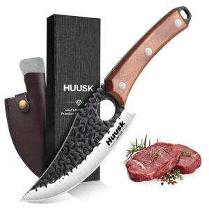 huusk knives viking knife with sheath - hand forged butcher knife for meat cutting - high carbon steel meat cleaver kitchen knife - multipurpose japanese chef knives for camping, outdoor, bbq