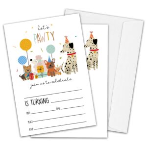 heznzxq dog birthday party invitations, let's pawty theme birthday parties supplies decorations, puppy theme fun fill-in invites, 4" x 6" double-sided cards(20 invitations and envelopes)-c05