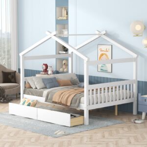 full size house bed for kids, montessori bed full size platform bed frame with 2 drawers, headboard and footboard, solid wood full storage bed for girls & boys (full, white)