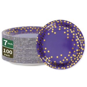 cenlbj purple and gold paper plates,7inch purple dessert party plates,purple foil polka dots paper plates for birthdays,graduation,mardi gras,bridal parties(100 pcs)